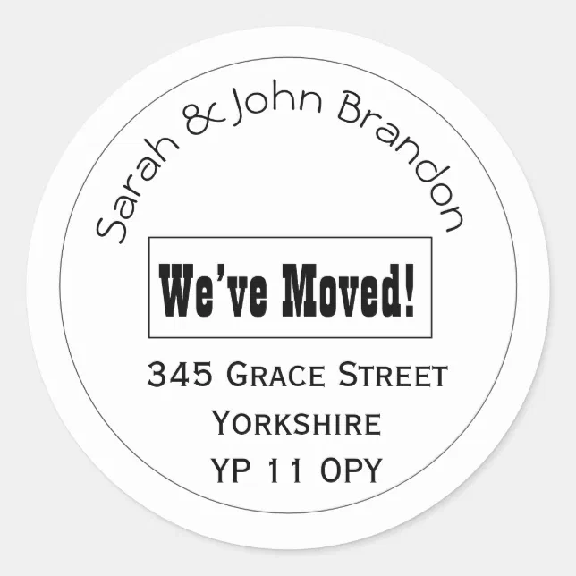 Modern Black White We’ve Moved Announcement Classic Round Sticker | Zazzle