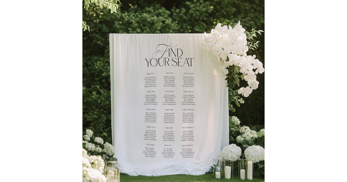 Modern Black White Wedding Seating Chart Backdrop | Zazzle