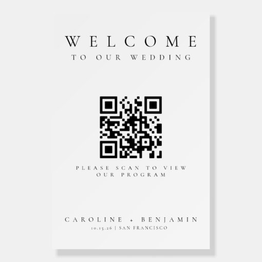 Modern Black White Wedding Welcome Program QR Code Foam Board | Zazzle