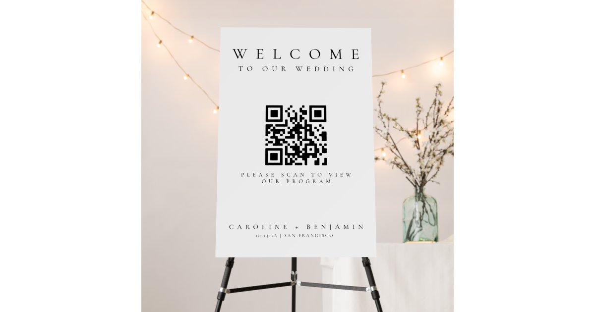 Modern Black White Wedding Welcome Program QR Code Foam Board | Zazzle