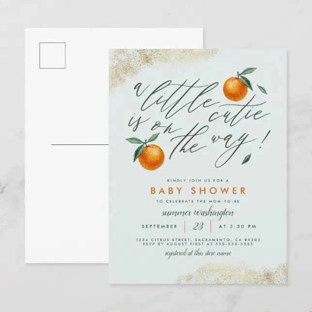 Modern Blue A Little Cutie Orange Baby Shower Invitation Postcard | Zazzle