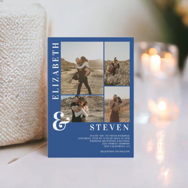 Modern blue ampersand 5 photo grid wedding invitation | Zazzle