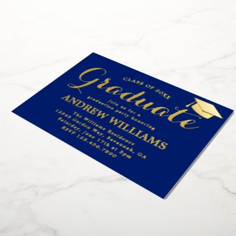 Modern Blue And Gold Graduation Party Foil Invitation | Zazzle