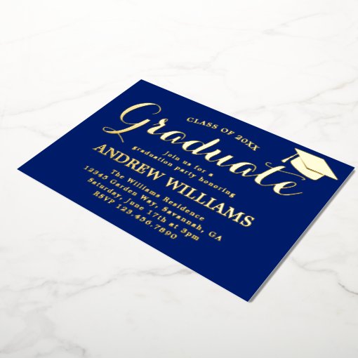 Modern Blue And Gold Graduation Party Foil Invitation | Zazzle