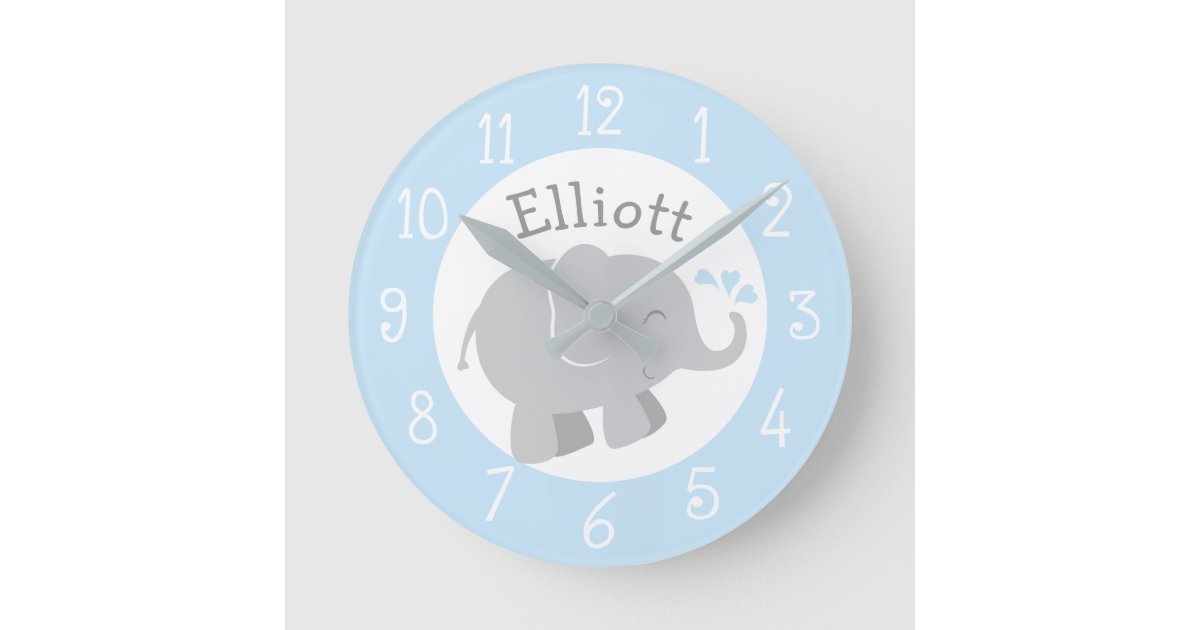 Modern Blue and Gray Elephant Custom Monogram Round Clock | Zazzle