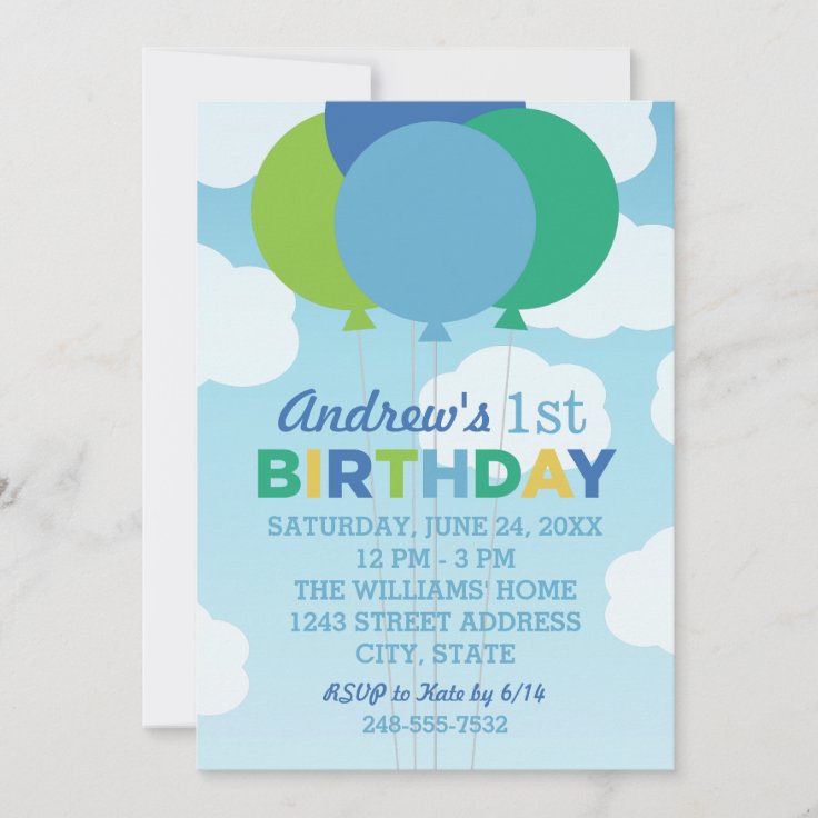 Modern Blue and Green Balloons Birthday Party Invitation | Zazzle