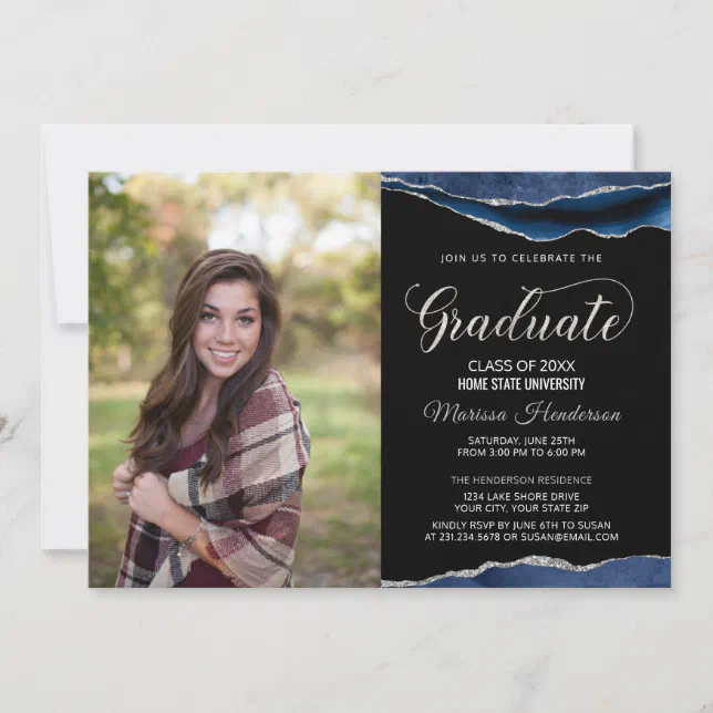 Modern Blue and Silver Graduation Photo Invite | Zazzle