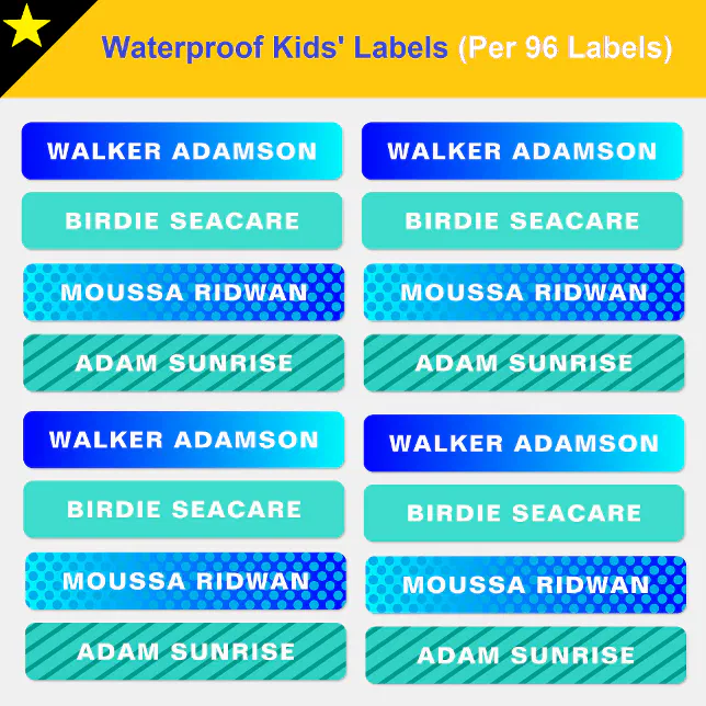 Modern Blue and Turquoise Waterproof Name Kids' Labels | Zazzle