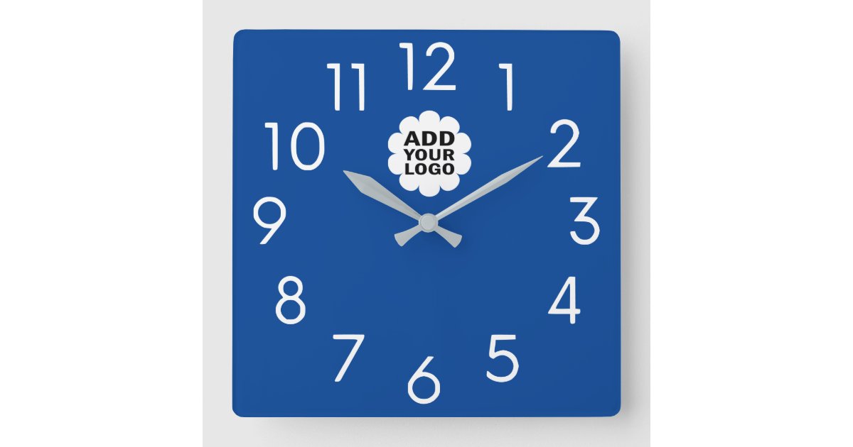Modern Blue And White Company Logo Promotional Square Wall Clock | Zazzle