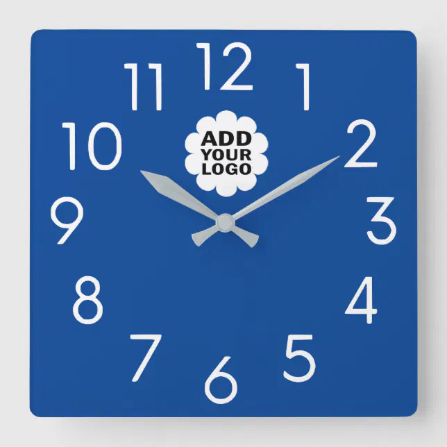 Modern Blue And White Company Logo Promotional Square Wall Clock | Zazzle