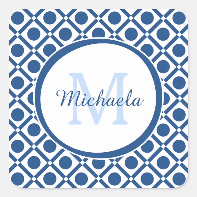 Modern Blue and White Geometric Monogram With Name Square Sticker | Zazzle