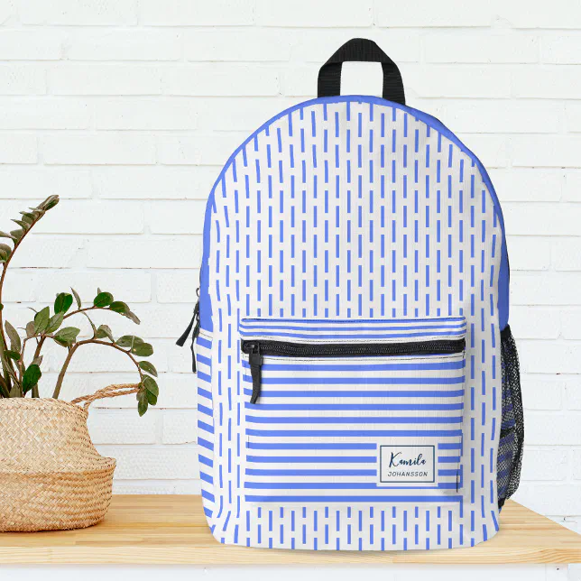 Modern Blue and White Stripes Monogram Printed Backpack | Zazzle