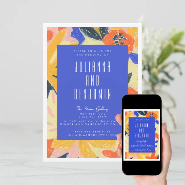 Modern Blue Artsy Abstract Botanical Wedding Invitation | Zazzle