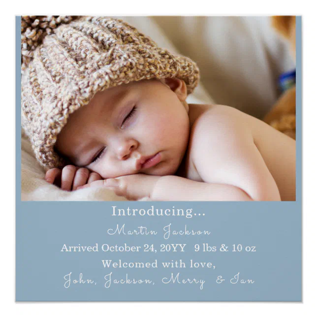 Modern Blue Baby Boy Photo Birth Announcement Poster | Zazzle