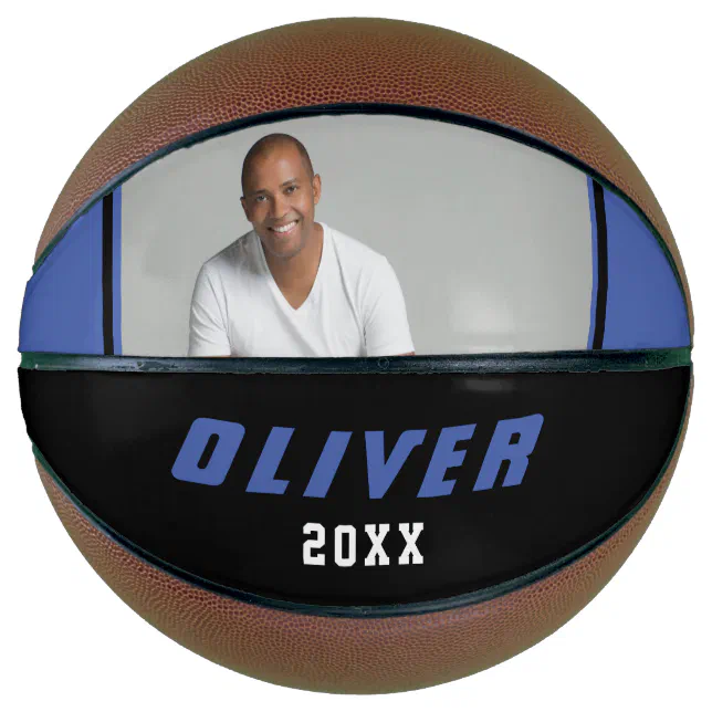 Modern Blue Black Custom Name Text Photo Basketball | Zazzle