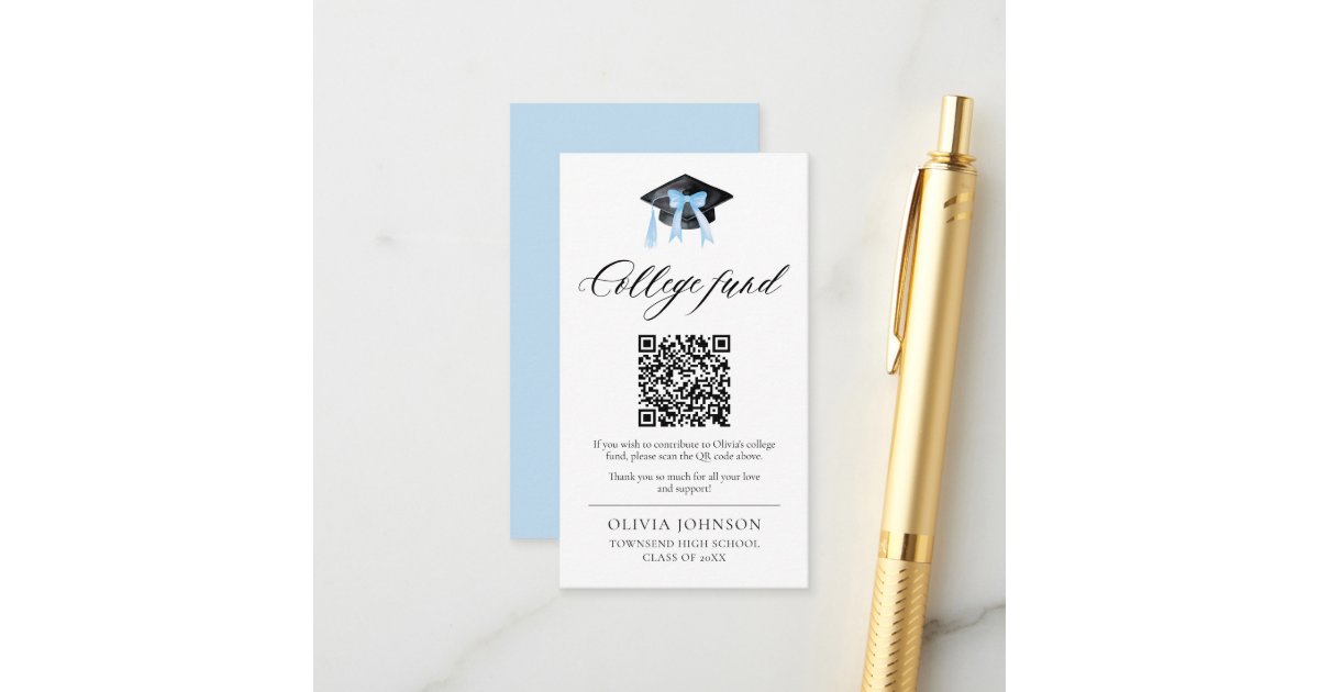 Modern Blue Bow QR Code College Fund Graduation Enclosure Card | Zazzle