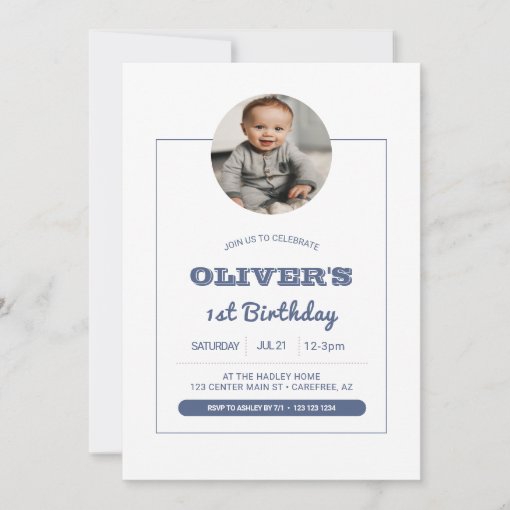 Modern Blue Boys Photo 1st Birthday Invitation | Zazzle