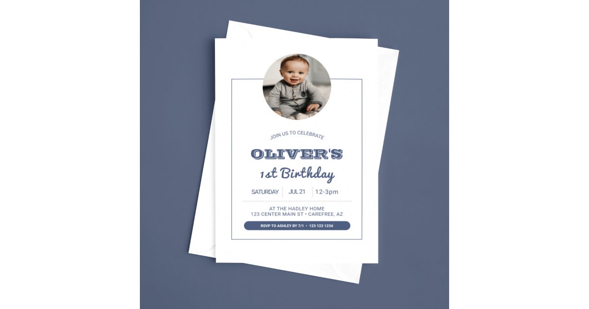 Modern Blue Boys Photo 1st Birthday Invitation | Zazzle