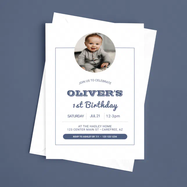 Modern Blue Boys Photo 1st Birthday Invitation | Zazzle