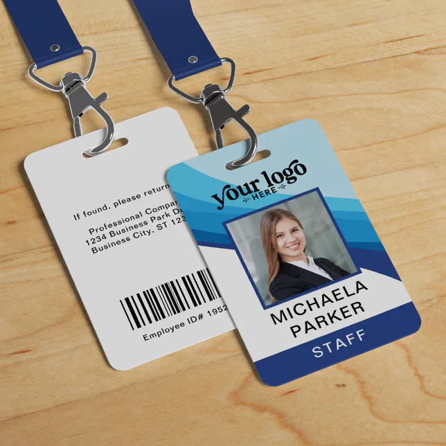 Modern Blue Business Logo Employee Photo ID Badge | Zazzle