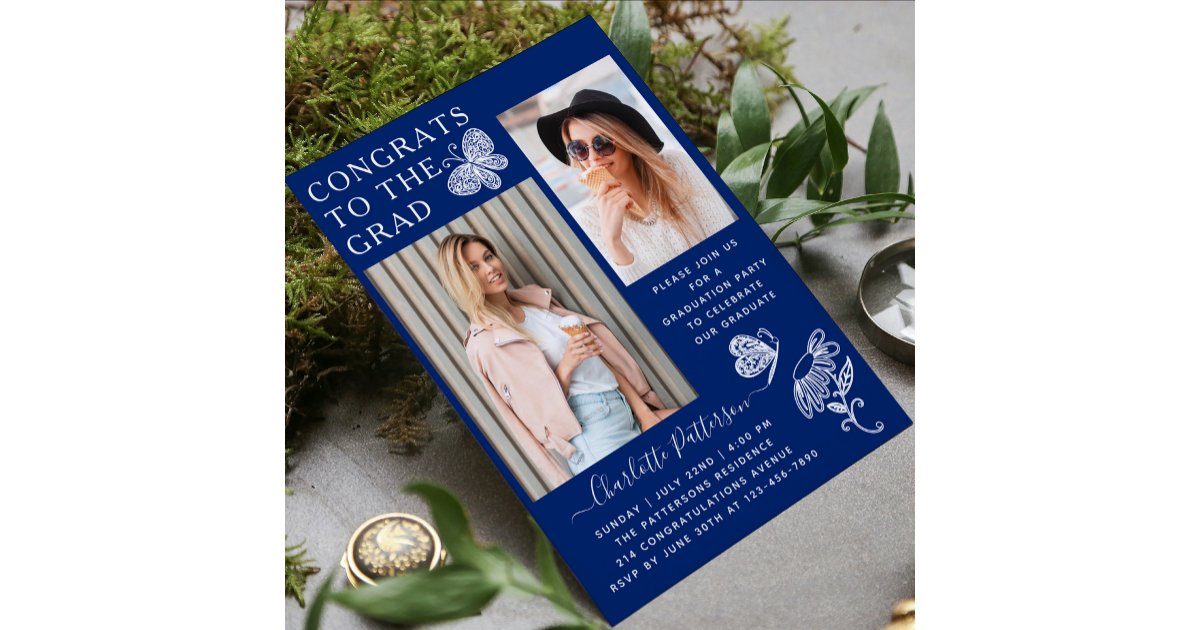 Modern Blue Butterfly Photo Graduation Party Invitation | Zazzle