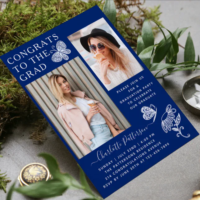 Modern Blue Butterfly Photo Graduation Party Invitation | Zazzle
