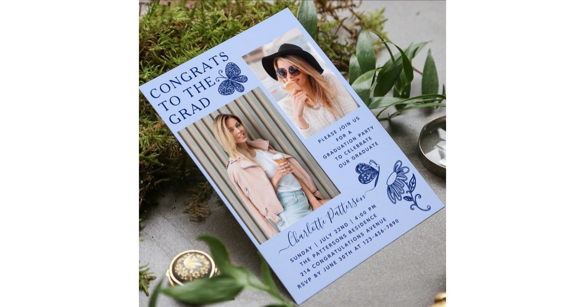 Modern Blue Butterfly Photo Graduation Party Invitation | Zazzle