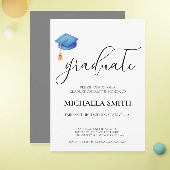 Modern Blue Cap High School Graduation Party Invitation | Zazzle