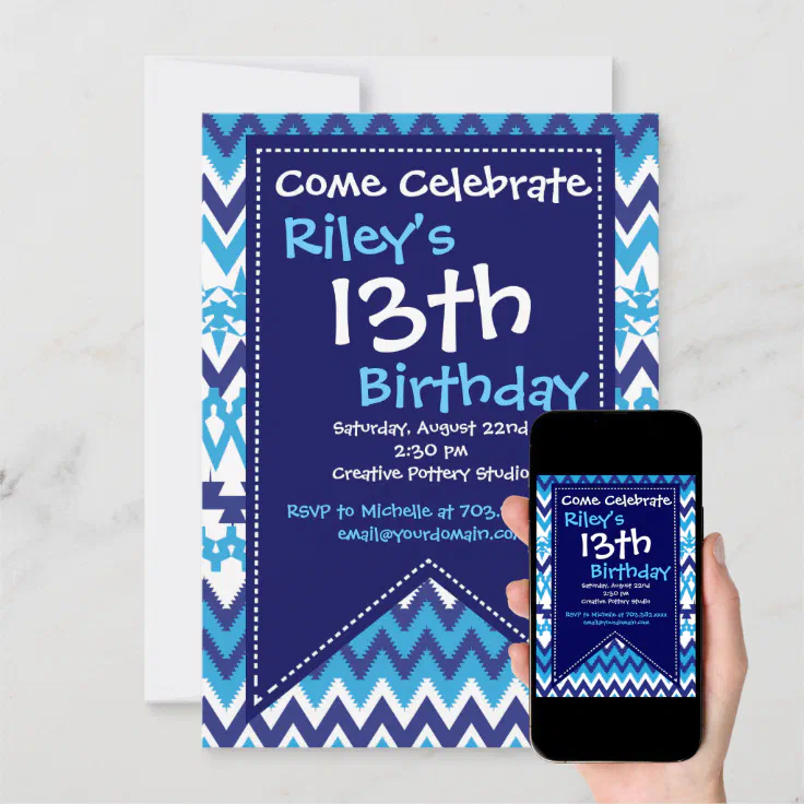 Modern Blue Chevron Birthday Party Invitations | Zazzle