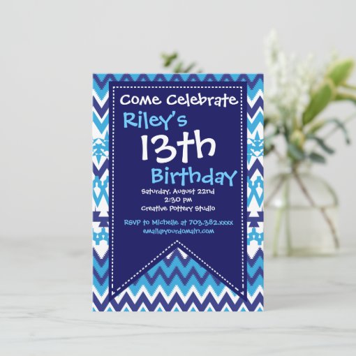 Modern Blue Chevron Birthday Party Invitations | Zazzle