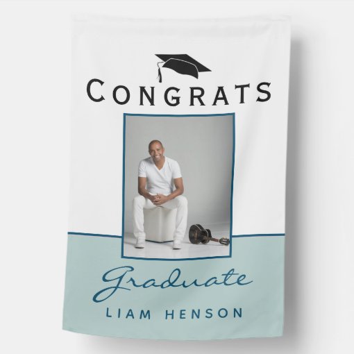 Modern Blue Congrats Graduate Graduation Photo House Flag | Zazzle