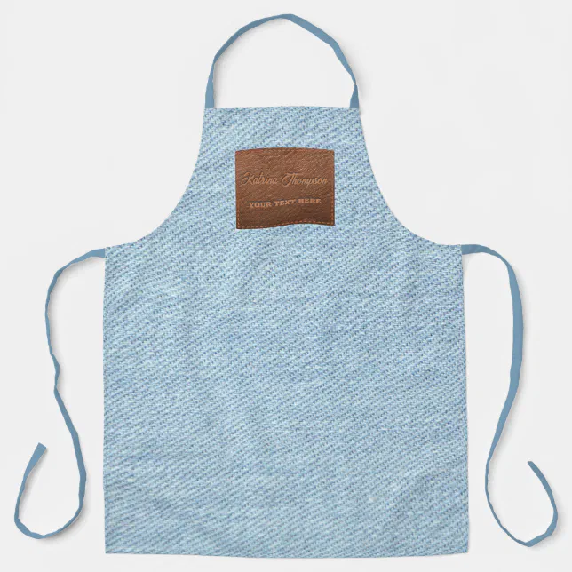 Modern Blue Denim Jeans Texture Leather Patch Apron | Zazzle