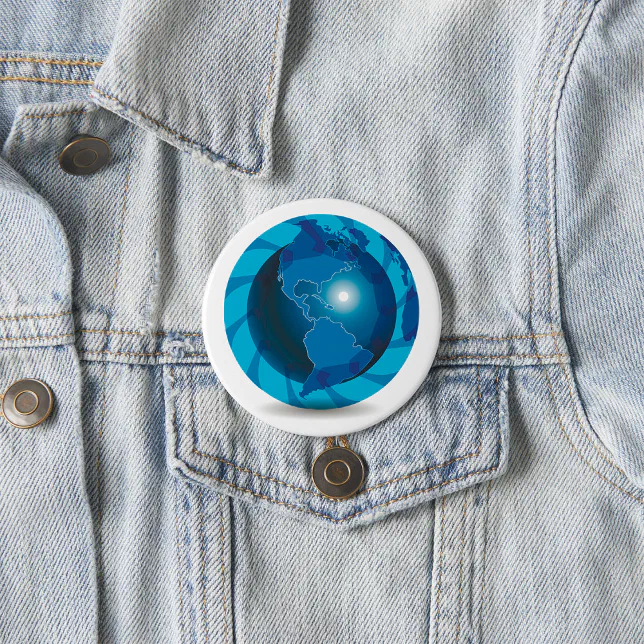 Modern Blue Earth Globe World Map Button | Zazzle