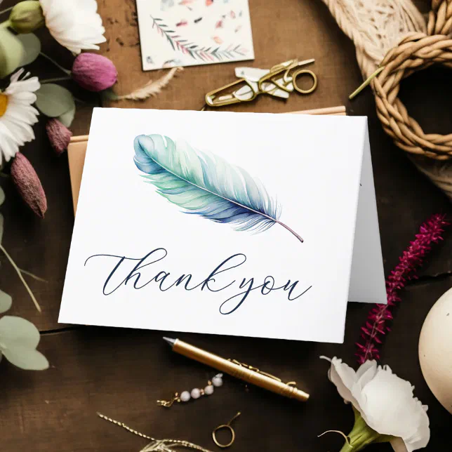 Modern Blue Feather Watercolor Birthday Thank You Card | Zazzle