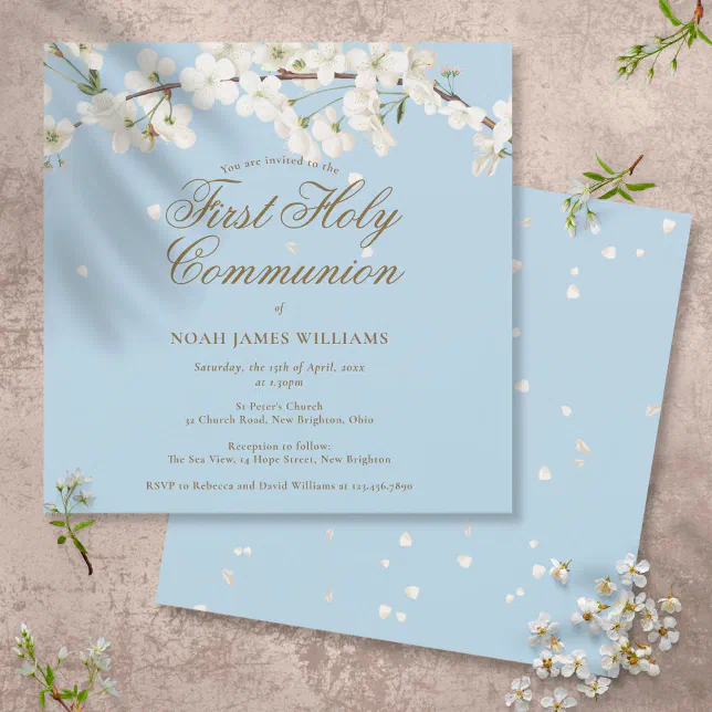 Modern Blue First Holy Communion White Blossom Invitation | Zazzle