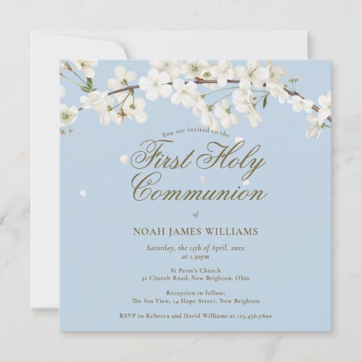 Modern Blue First Holy Communion White Blossom Invitation | Zazzle
