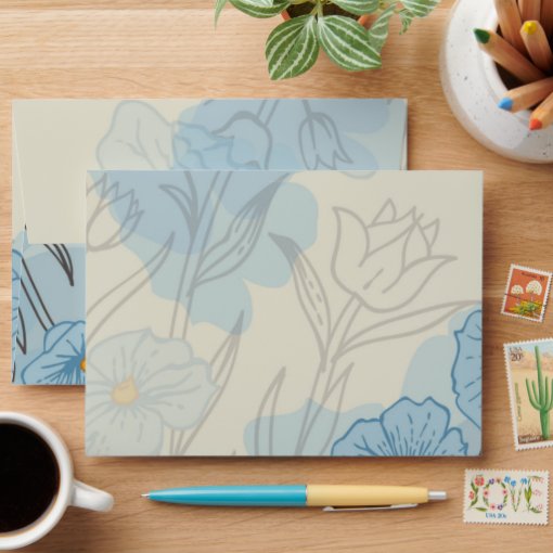 Modern Blue Floral Abstract Wedding Envelope | Zazzle