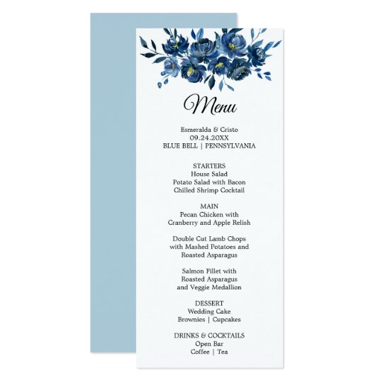 Modern Blue Floral Dinner Menu Card | Zazzle.com