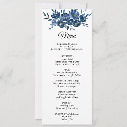 Modern Blue Floral Dinner Menu Card | Zazzle