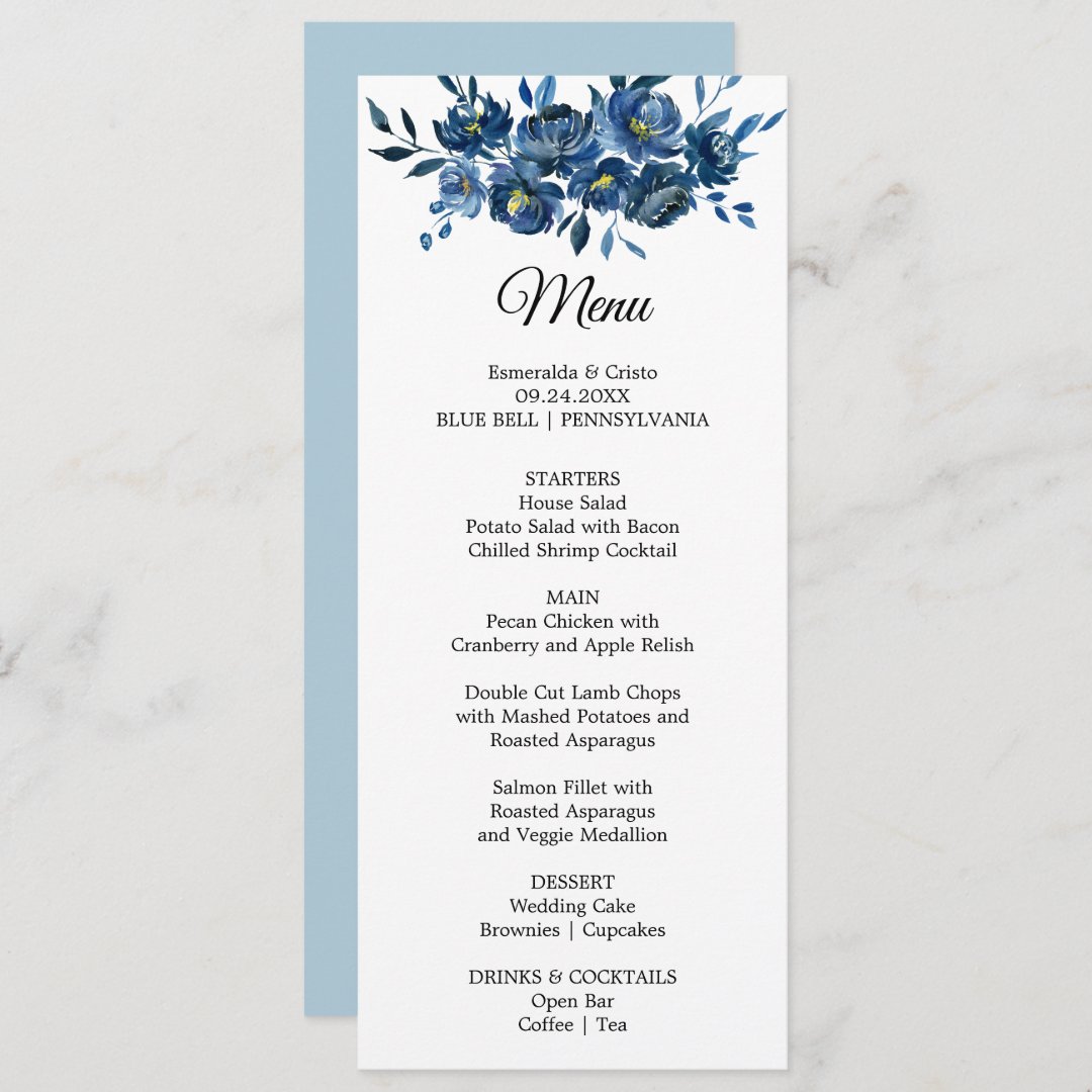 Modern Blue Floral Dinner Menu Card | Zazzle