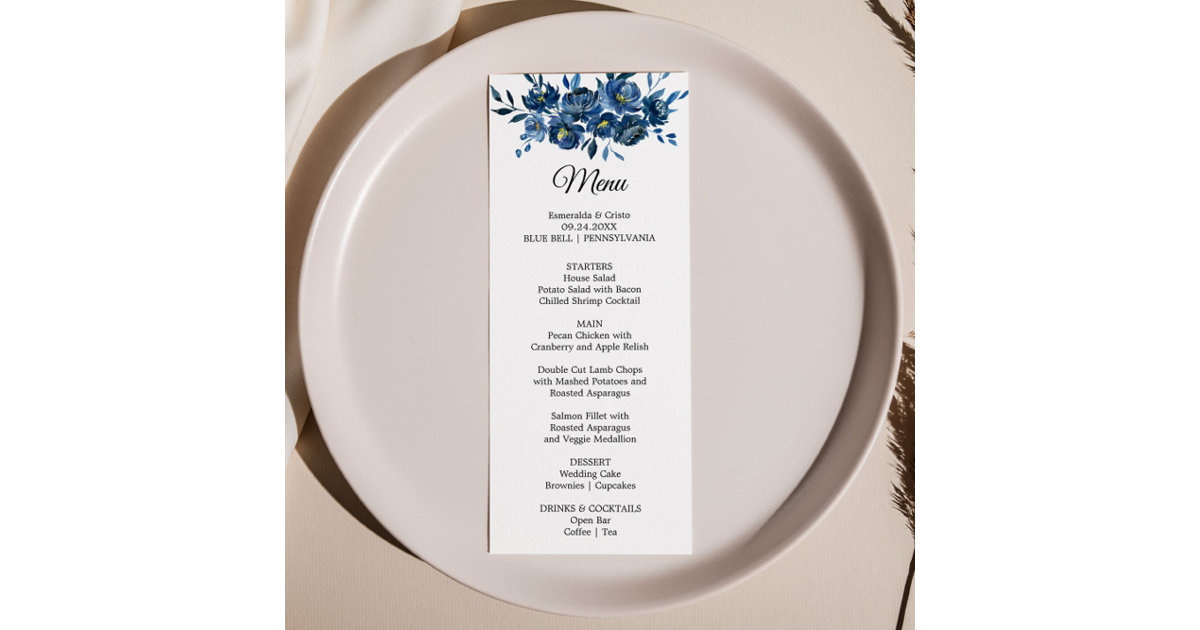 Modern Blue Floral Dinner Menu Card | Zazzle