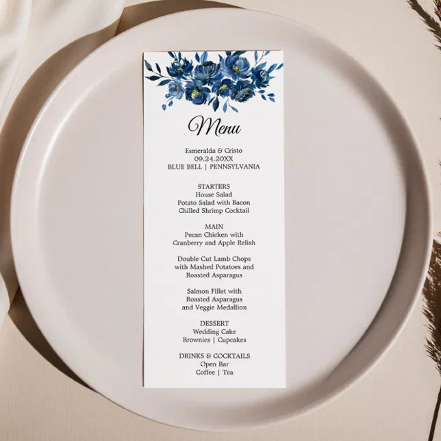 Modern Blue Floral Dinner Menu Card | Zazzle