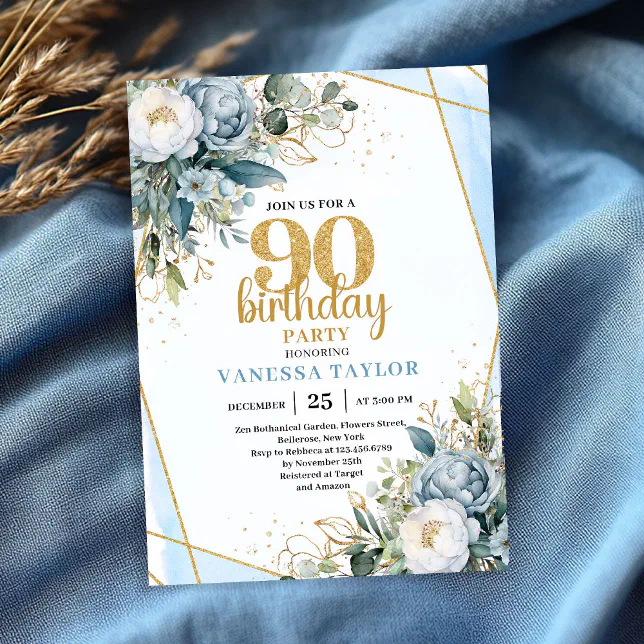 Modern Blue Floral Gold Frame 90th Birthday Invite | Zazzle