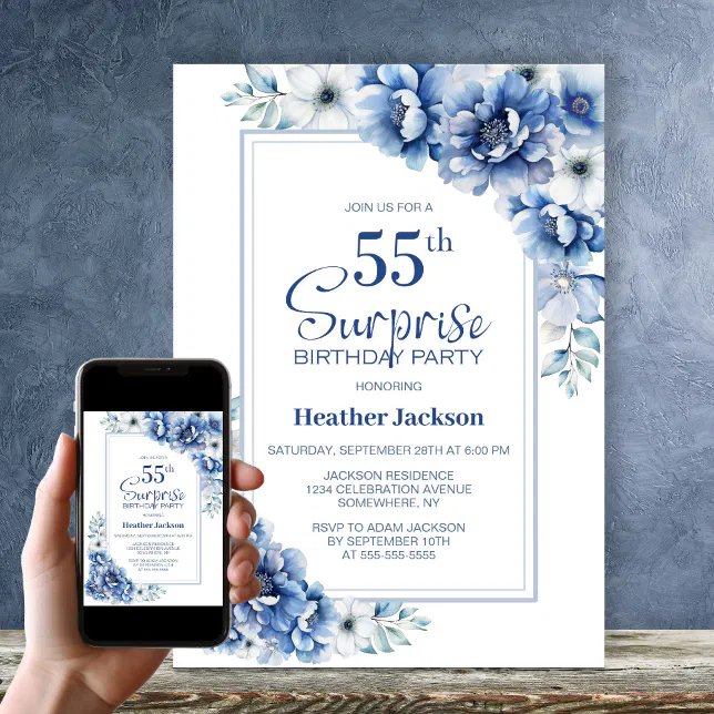Modern Blue Floral Surprise 55th Birthday Party Invitation | Zazzle