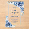 Modern Blue Floral Surprise 75th Birthday Party Acrylic Invitations ...