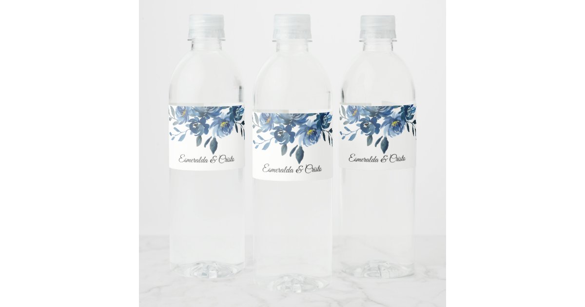 Modern Blue Floral Water Bottle Label | Zazzle