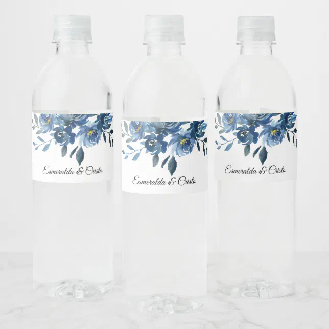 Modern Blue Floral Water Bottle Label | Zazzle