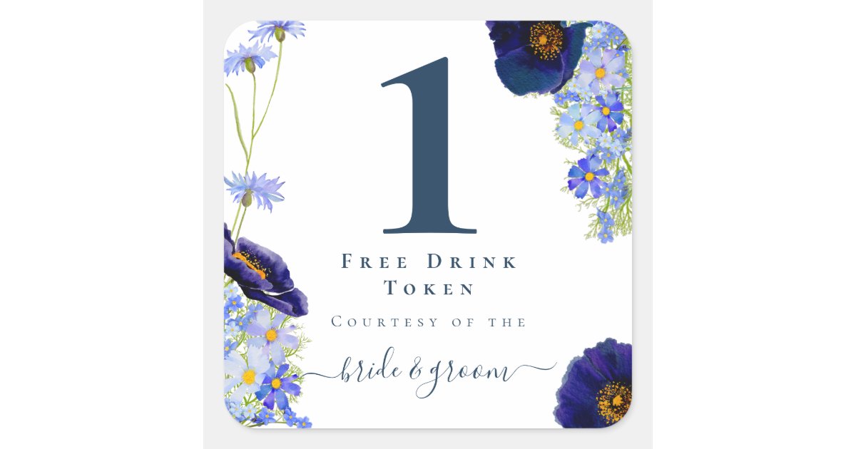 Modern Blue Floral Wedding Drink Token Square Sticker | Zazzle