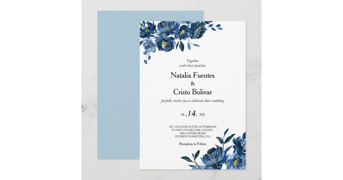 Modern Blue Floral Wedding Invitation | Zazzle