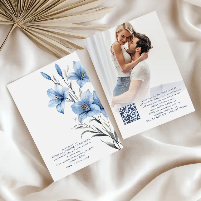 Modern Blue Florals Photo Overlay QR Code Wedding Invitation | Zazzle